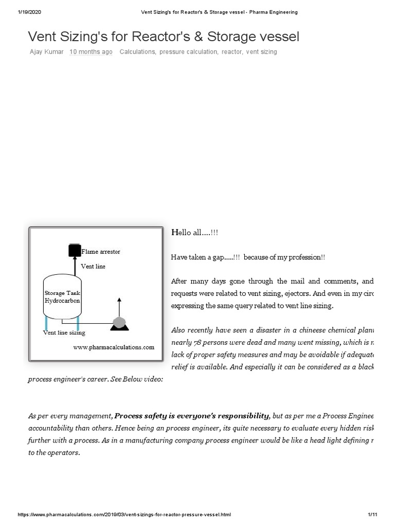 Vent sizing calculations for reactors and storage vessels | PDF ...