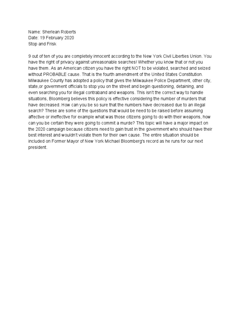 Sherlean Roberts Stop and Frisk | PDF