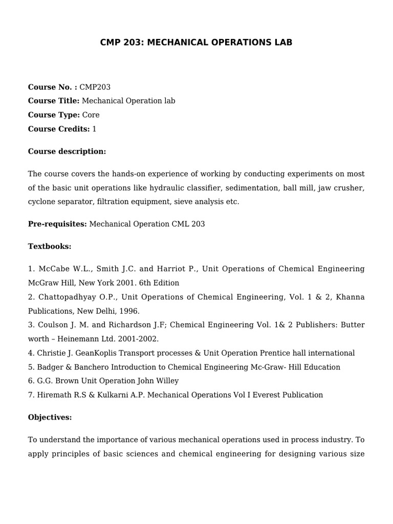 Mechanical Operations Lab | PDF | Filtration | Chemical Engineering