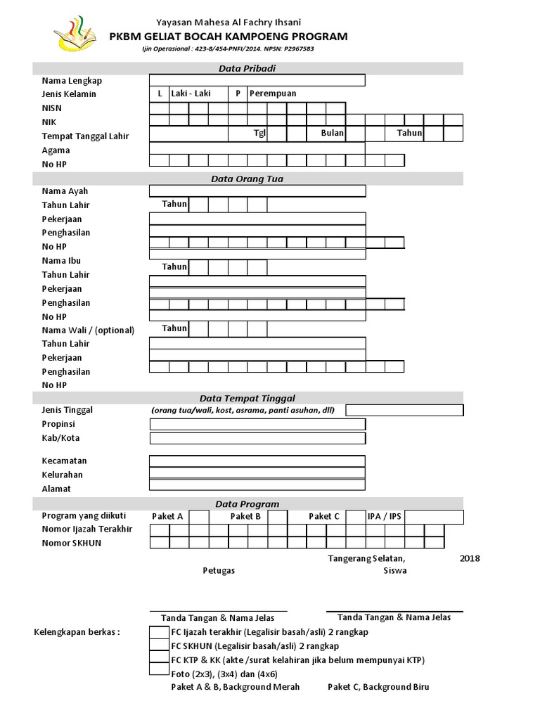 Formulir Pendaftaran PKBM GBK | PDF