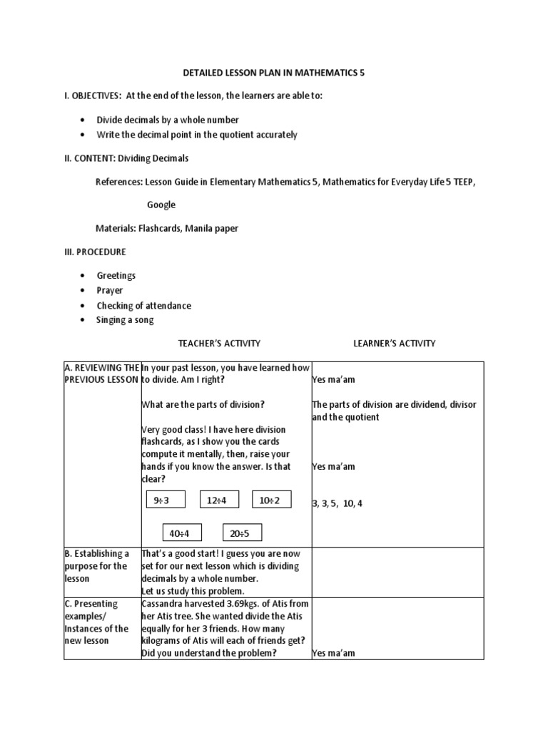 Detailed Lesson Plan in Mathetics 5 | PDF | Division (Mathematics ...