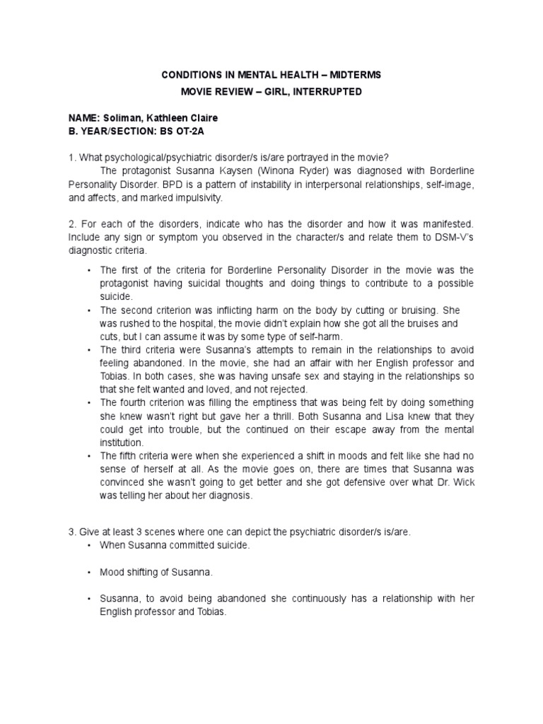 Girl Interrupted Moview Review Final As in | PDF | Borderline ...