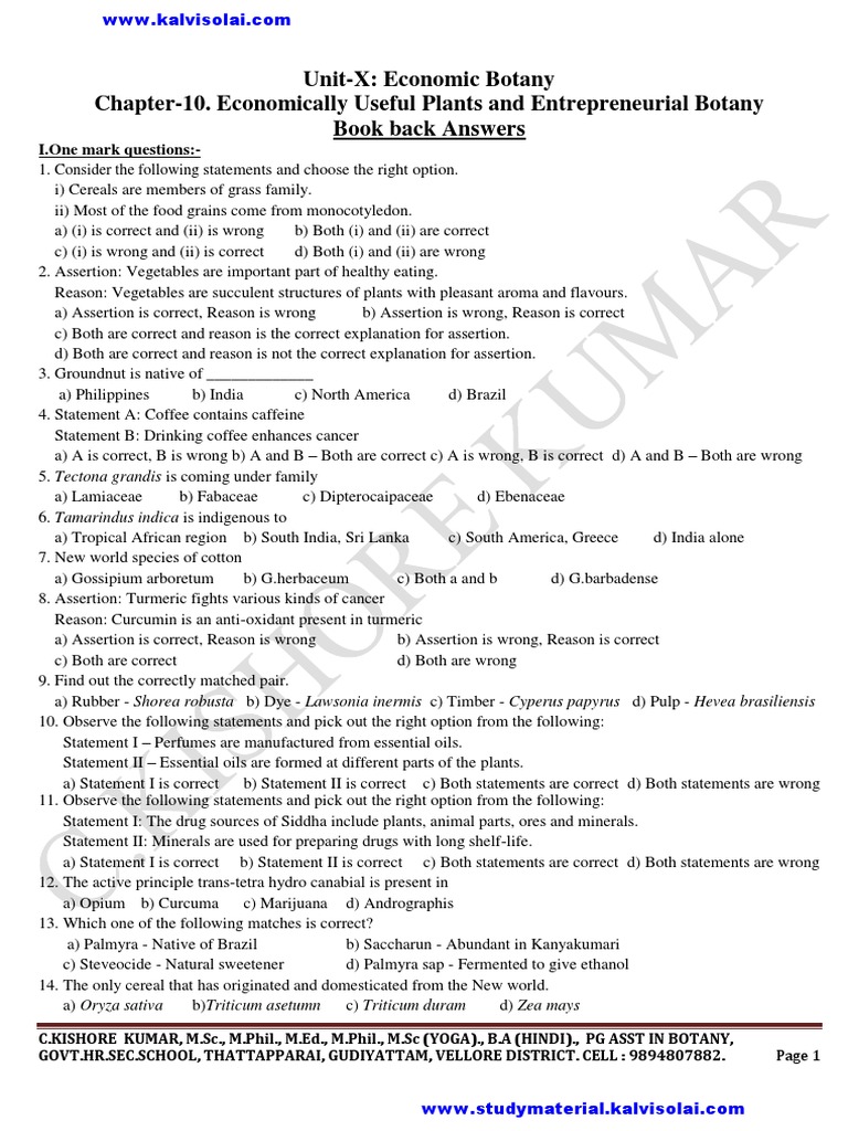 12th STD Bio-Botany Lesson-10 EM Book Back Answers | PDF | Capsicum ...