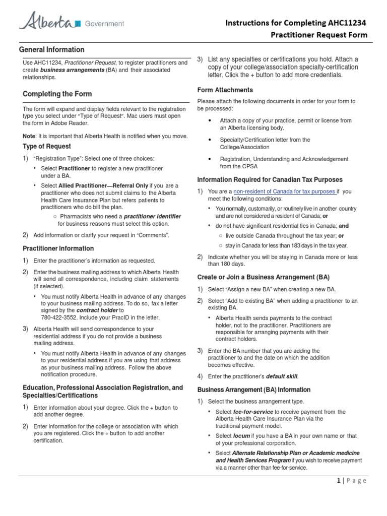 Ahcip Instructions Completing Ahc11234 Practitioner Request Form | PDF ...