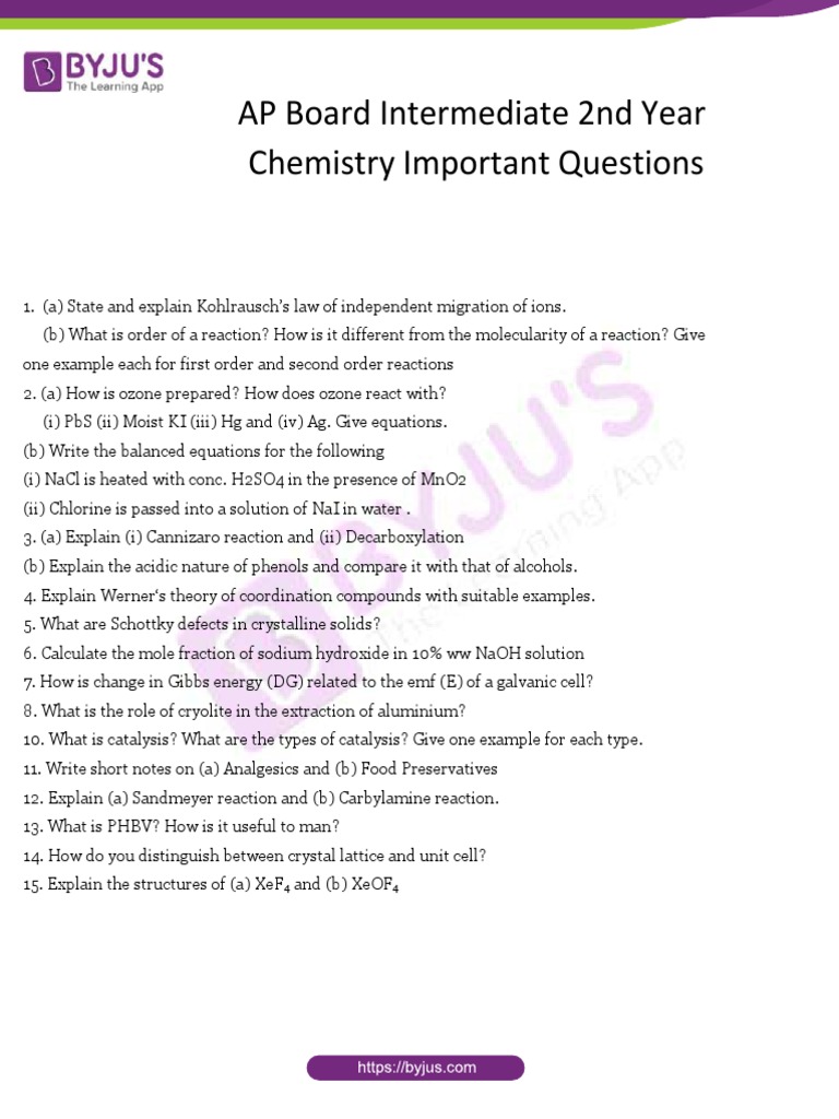 AP Board Intermediate 2nd Year Chemistry Important Questions | PDF