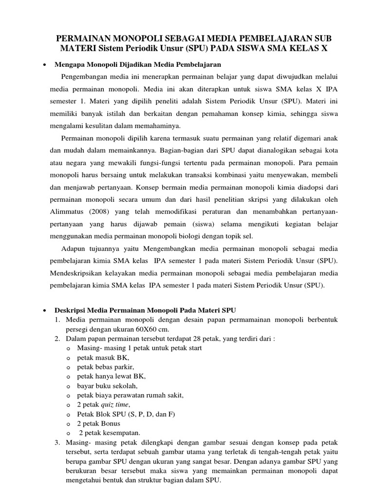 PERMAINAN MONOPOLI SEBAGAI MEDIA PEMBELAJARAN SUB MATERI Sistem Periodik Unsur | PDF