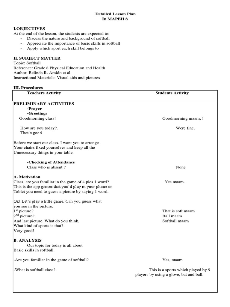 Softball Detailed Lesson Plan | PDF | Softball | Pitcher