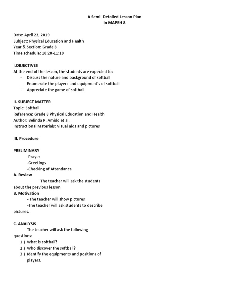 Softball Lesson Plan for Grade 8 PE | PDF | Softball | Sports