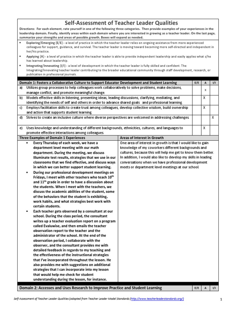 Teacher Leader Qualities Self Assessment | PDF | Teachers | Leadership