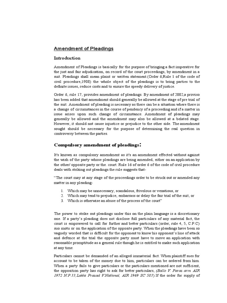 Amendment of Pleadings in Civil Procedure | PDF | Pleading | Lawsuit