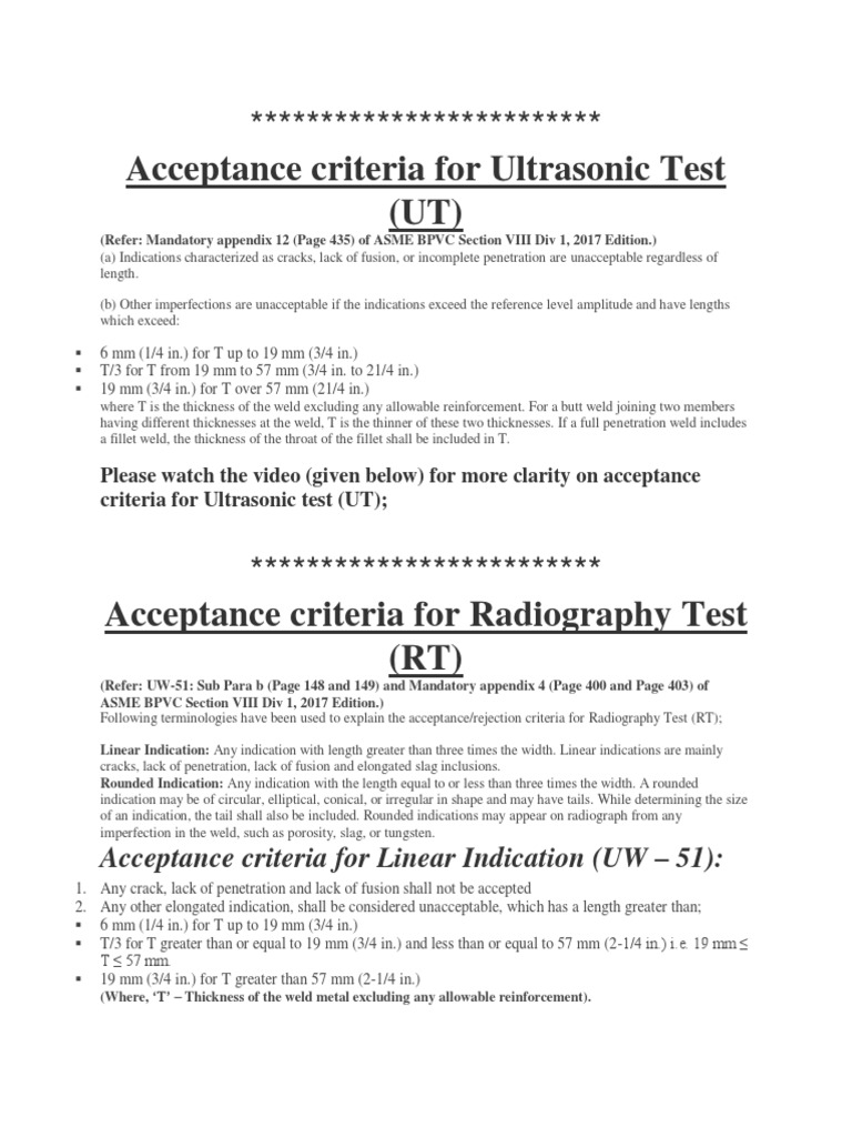 Acceptance Criteria For NDT (UT, RT, DPT, Visual, MPT) | PDF