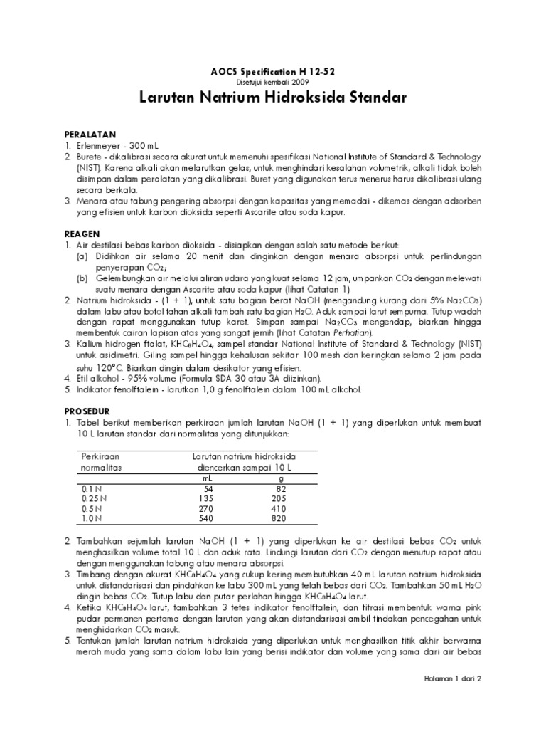 AOCS Specification H 12-52, Standard Sodium Hydroxide Solution, Reappoved 2009 (Terjemahan) | PDF