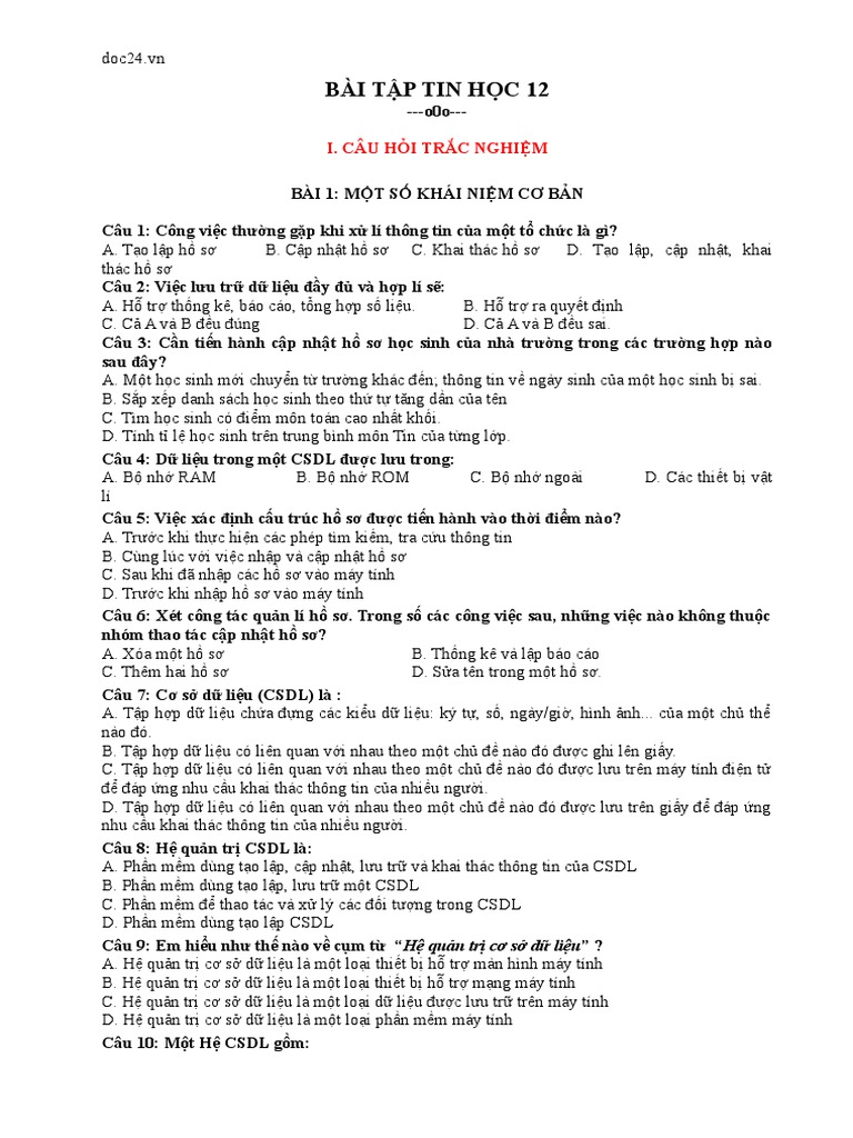 (Doc24.vn) Cau-Hoi-Trac-Nghiem-Tin-Hoc-12 | PDF