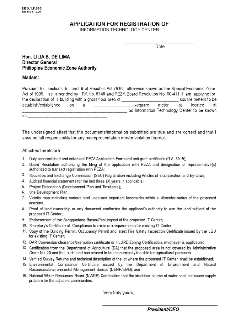 PEZA Application For Registration of IT Center | PDF