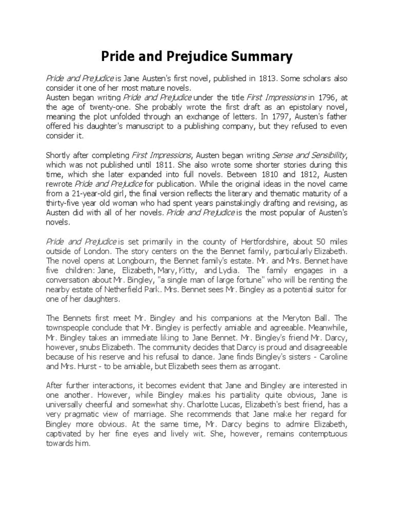 Pride and Prejudice Summary | PDF