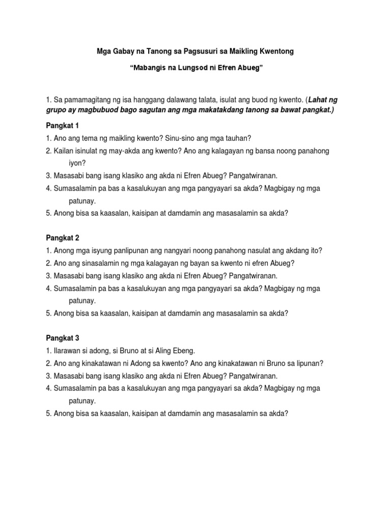 Mga Gabay Na Tanong Sa Pagsusuri Sa Maikling Kwentong | PDF Mga Gabay Na Tanong Sa Pagsusuri Sa Maikling Kwentong | PDF