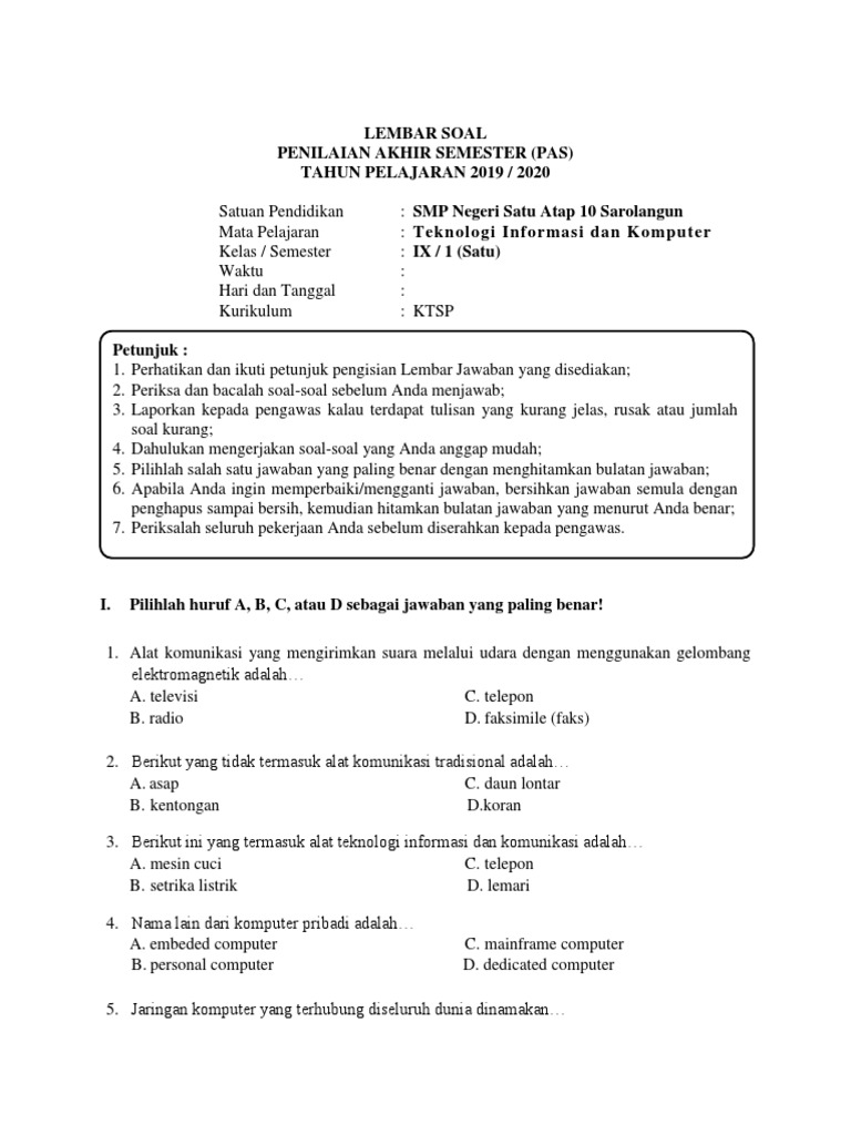 Soal Tik Kelas Ix - Semester 1 | PDF