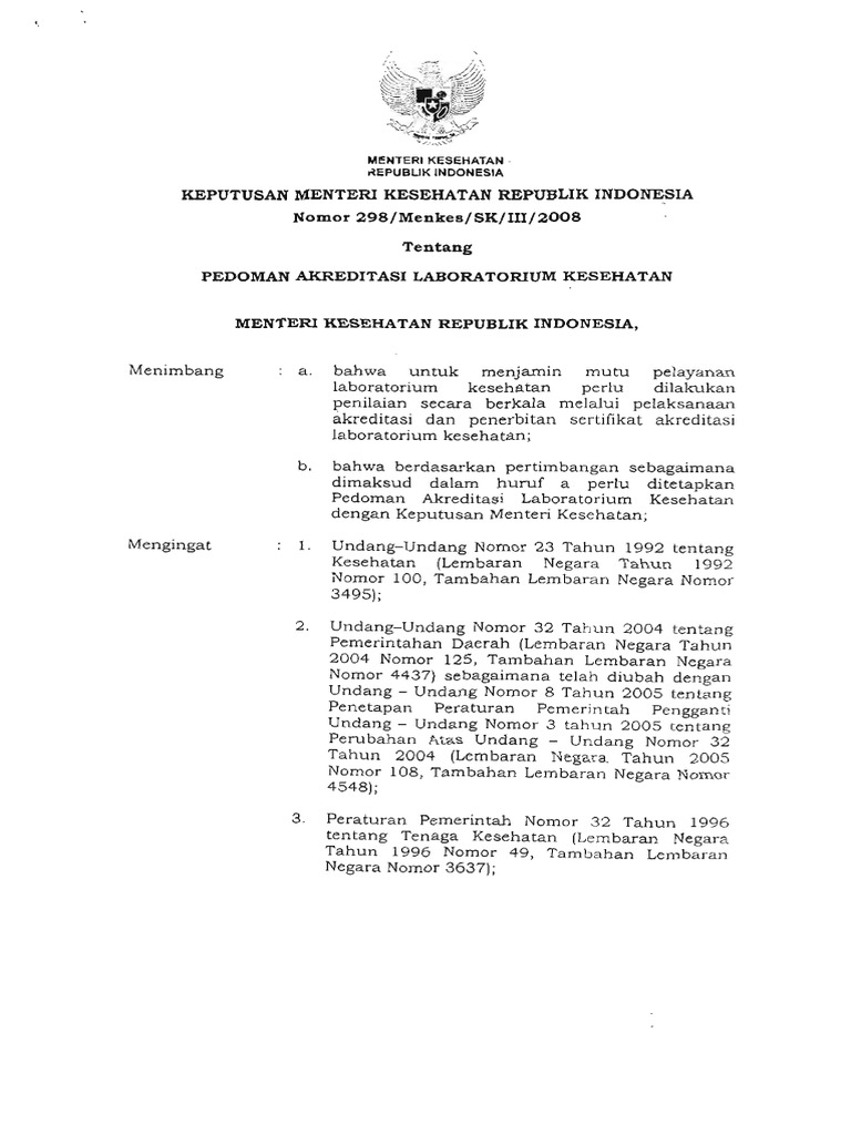 Keputusan Menteri Kesehatan Republik Indonesia Nomor 298 Menkes SK III 2008 Tentang Pedoman ...