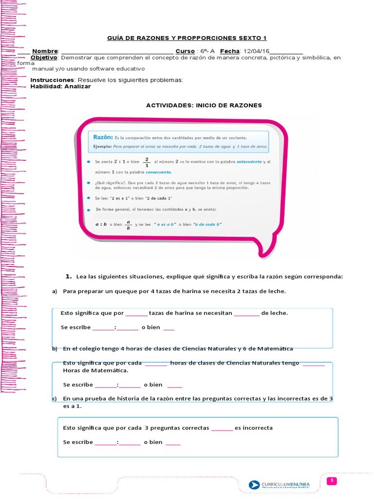 Guía de Razones y Proporciones 6º Básico | PDF