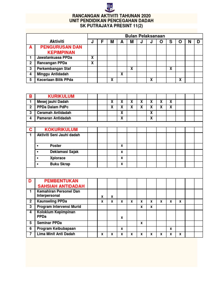 PERANCANGAN AKTIVITI TAHUNAN 2020 UNIT PPDa, 2020 | PDF