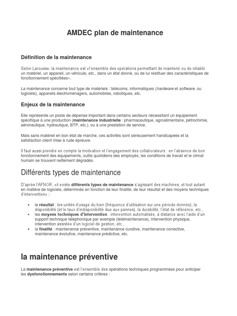 AMDEC Plan de Maintenance | PDF
