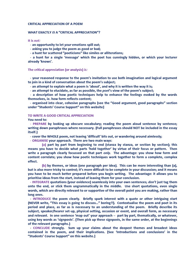 Critical Appreciation of A Poem | PDF
