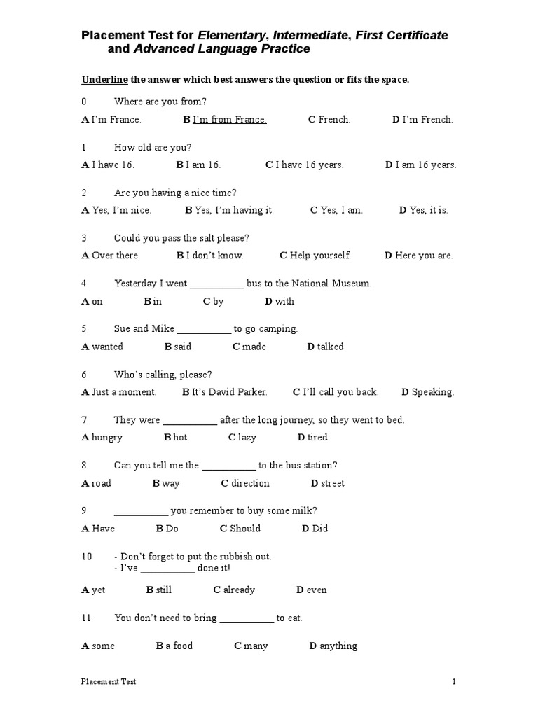 Placement Test for Language Levels | PDF