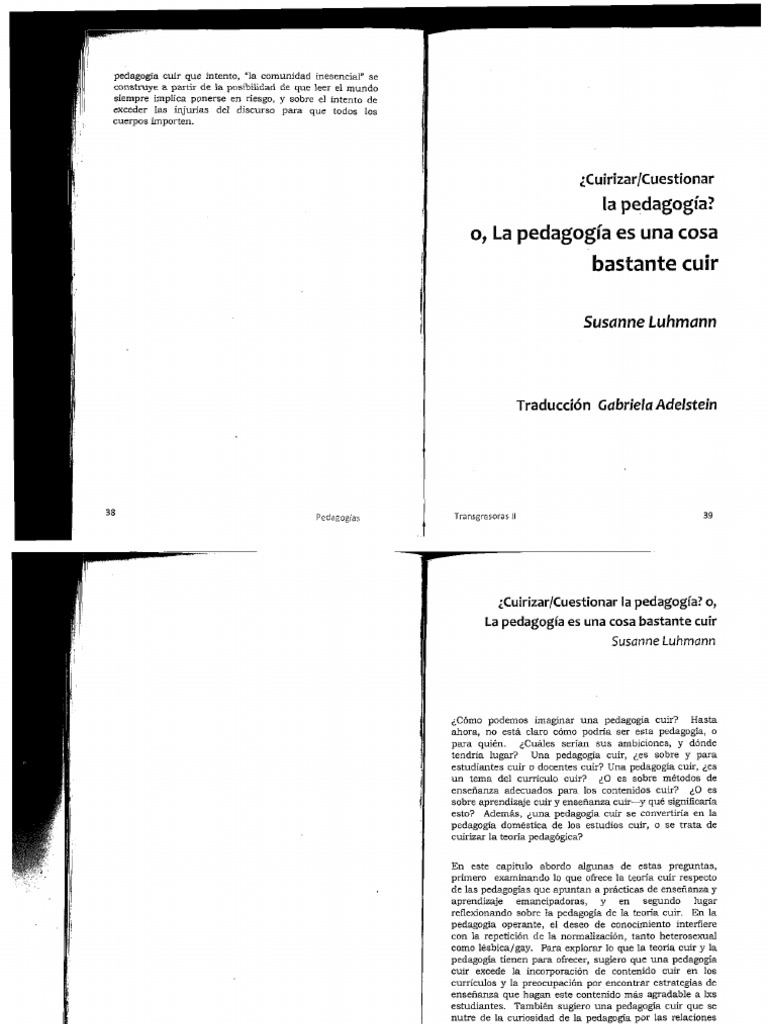 02 - ¿Cuirizar-Cuestionar La Pedagogía - O, La Pedagogía Es Una Cosa Bastante Cuir Luhmann PDF | PDF