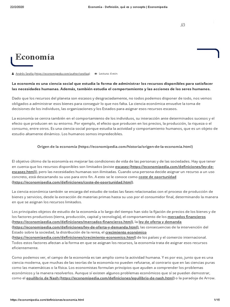 Economía - Definición, Qué Es y Concepto - Economipedia | PDF