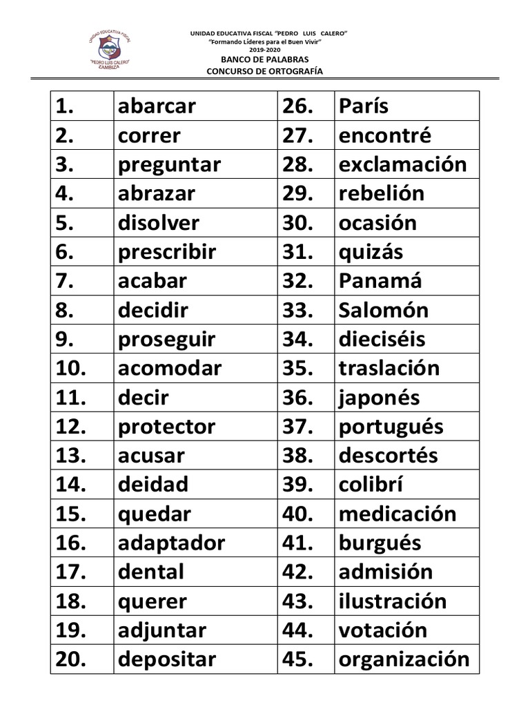 Banco de Palabras Concurso Deletreo Imprimir | PDF