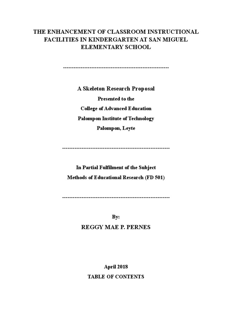 Skeleton Research Proposal for Kindergarten | PDF | Teachers | Classroom