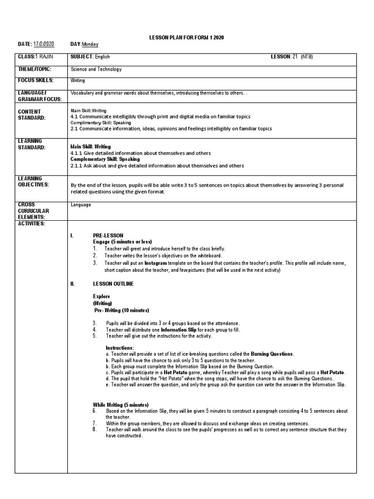Form 1 Lesson Plan (Writing) | PDF | Lesson Plan | Teachers