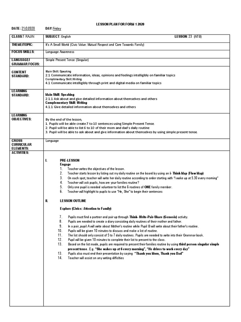 Form 1 Lesson Plan (Grammar) | PDF | Lesson Plan | Teachers