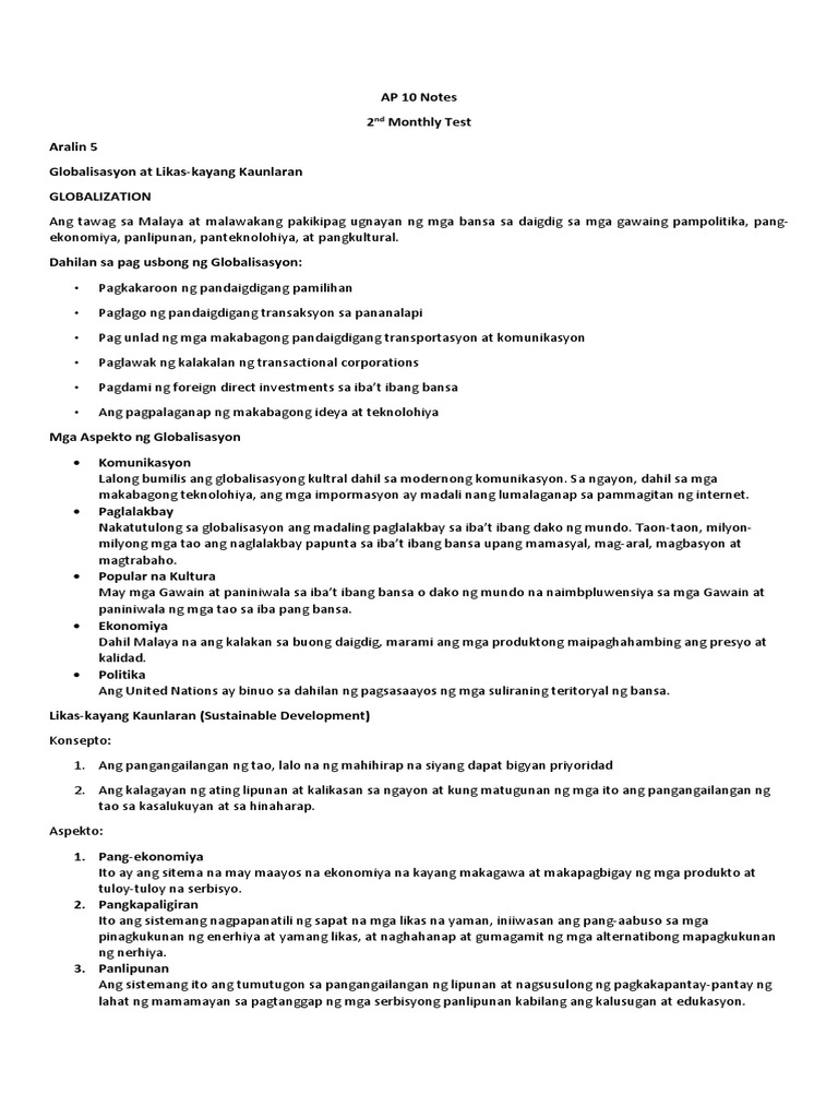AP 10 2nd MONTHLY TEST NOTES | PDF