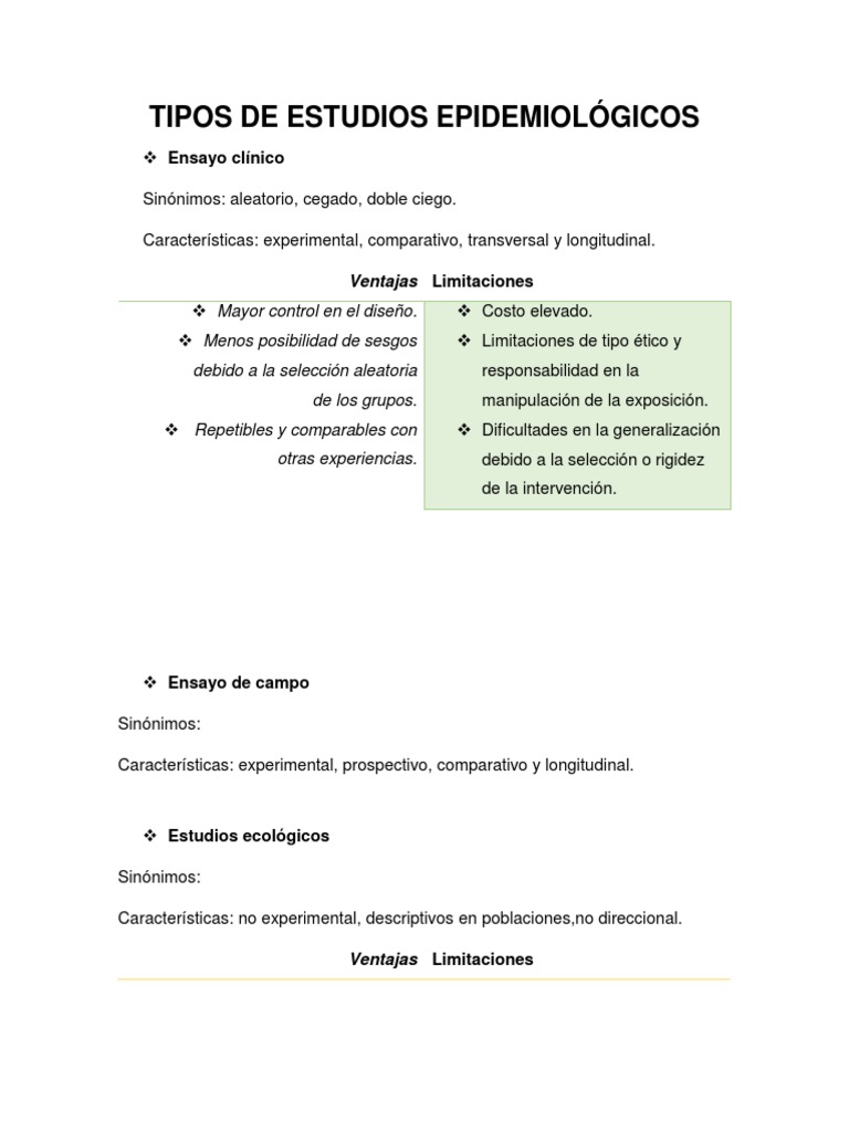 Tipos de Estudios Epidemiológicos | PDF | Caso de estudio | Ensayo clínico