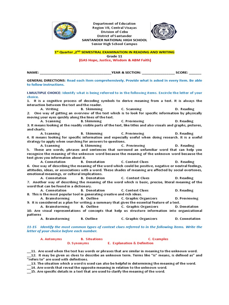 First PT (2nd Sem) in Reading & Writing | PDF | Speed Reading | Semantics
