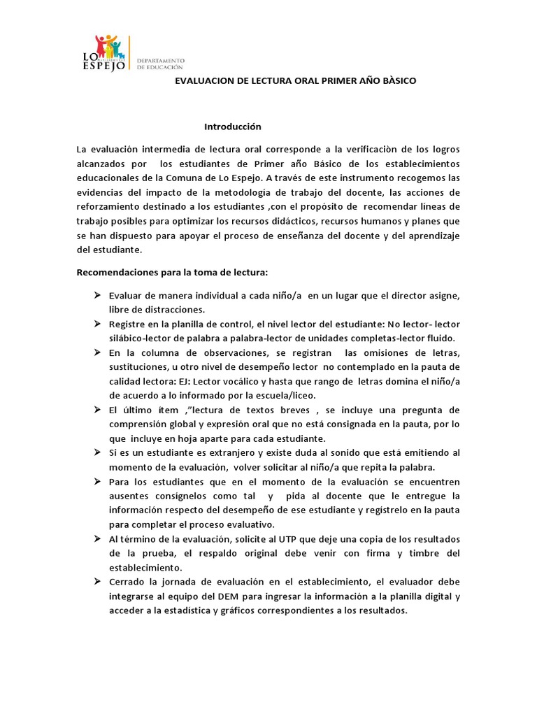 Evaluacion de Lectura Oral Primer Año Bàsico | PDF | Evaluación ...