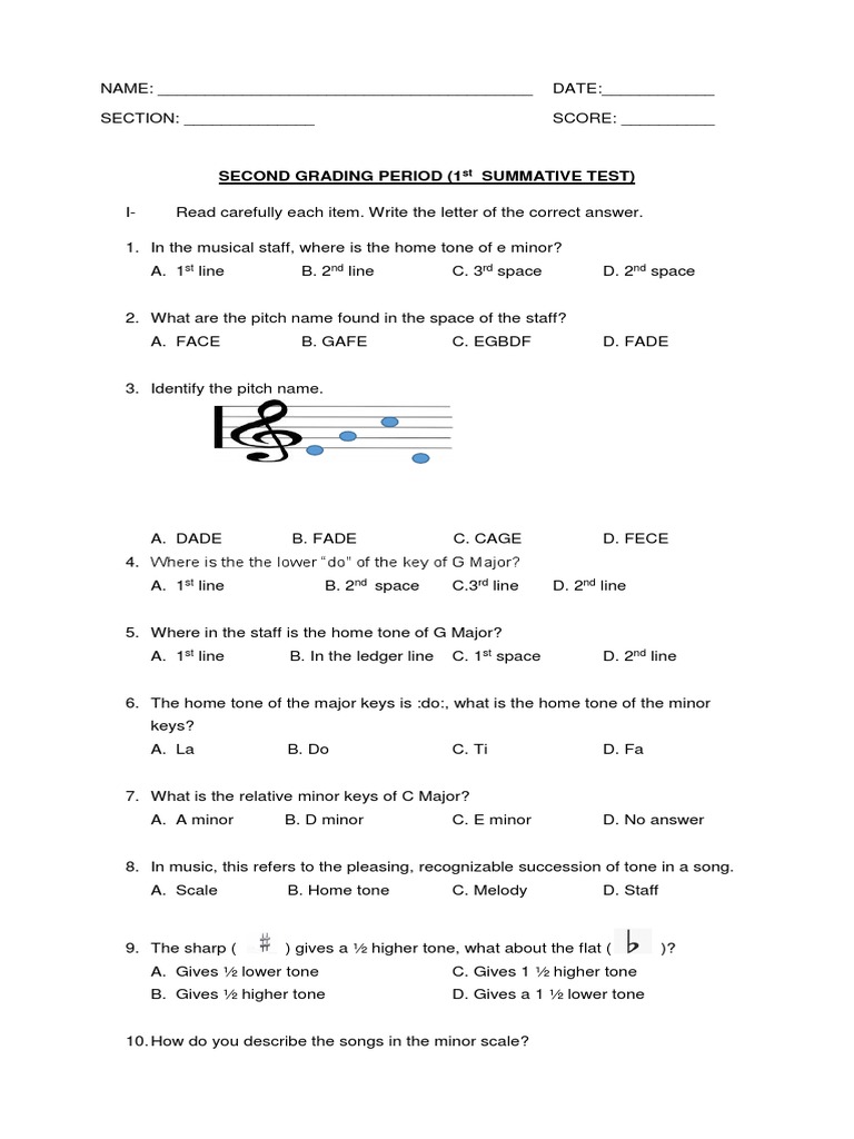 Music Summative Test: Home Tones | PDF | Musical Notation | Pitch (Music)
