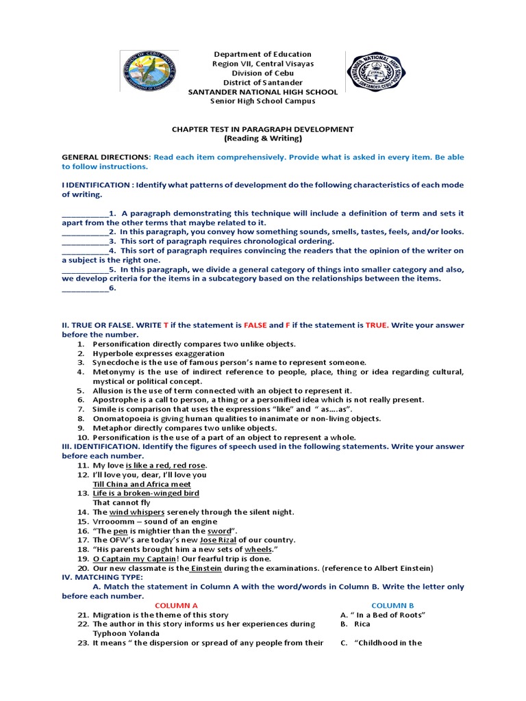 Chapter Test on Paragraph Development | PDF