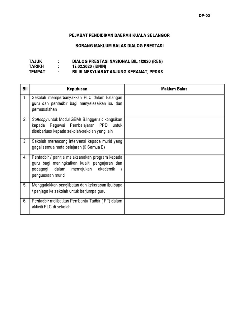 Borang DP 03 - Borang Maklum Balas DP K1 PPDKS | PDF