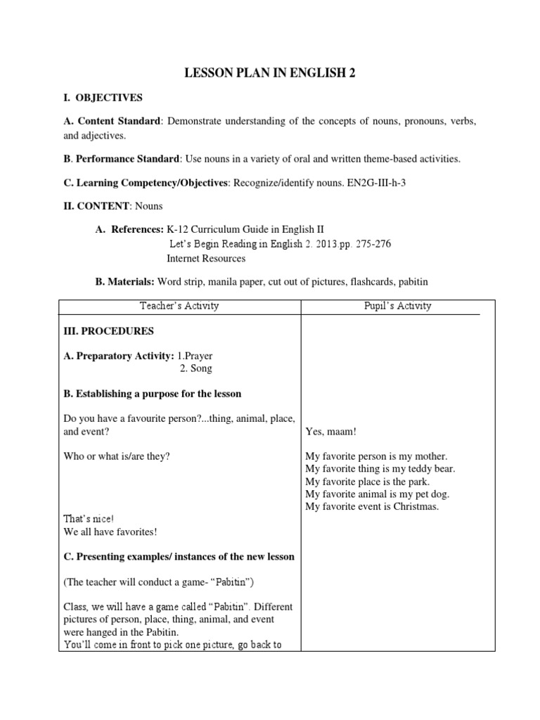 Grade 2 Noun Lesson Plan | PDF | English Language | Noun