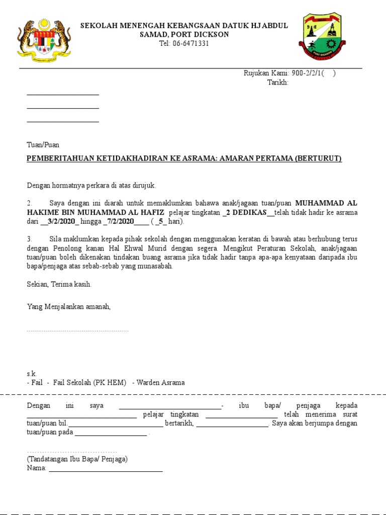 Amaran Pertama Ketidakhadiran Ke ASRAMA | PDF