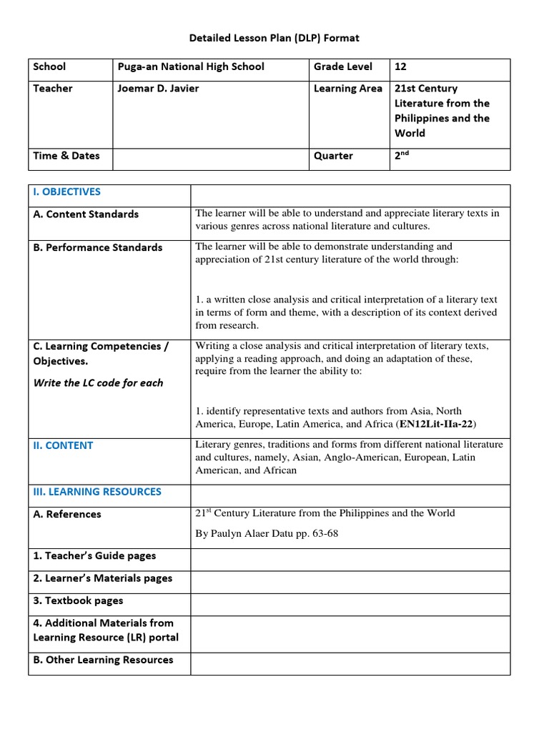 Detailed Lesson Plan En12lit-Iia-22 | PDF | Lesson Plan | Teachers