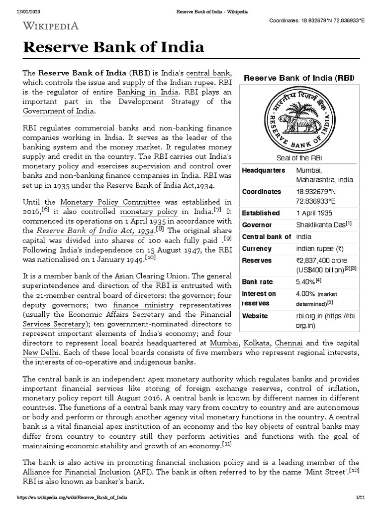 Reserve Bank of India - Wikipedia | PDF | Reserve Bank Of India ...