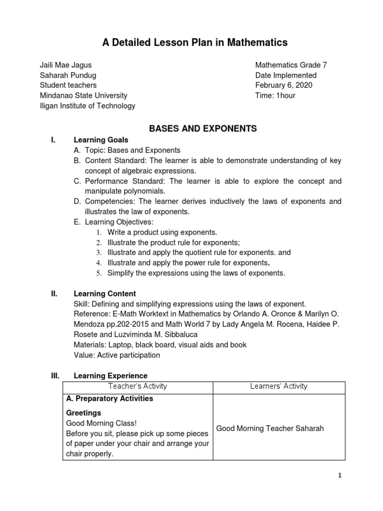 Detailed Lesson Plan on Bases and Exponents | PDF | Exponentiation ...