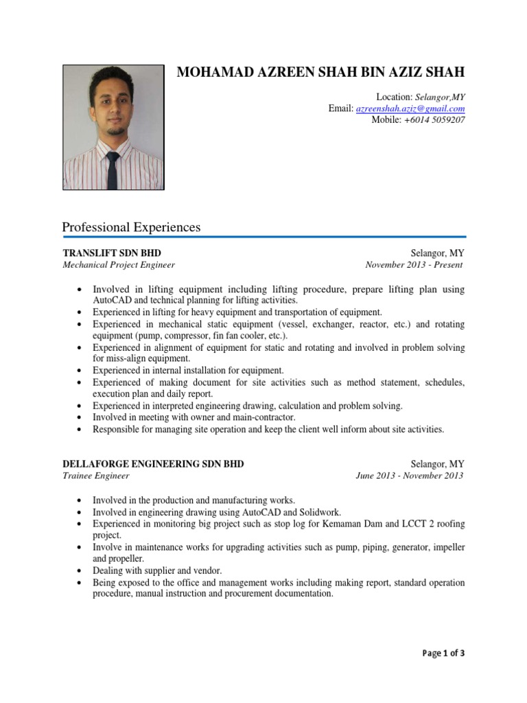 CV - Mohamad Azreen Shah Bin Aziz Shah | PDF | Energy And Resource | Nature