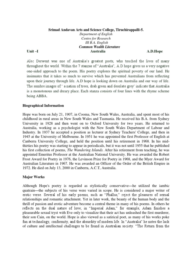 A.D. Hope's "Australia": Poetic Analysis | PDF | Poetry