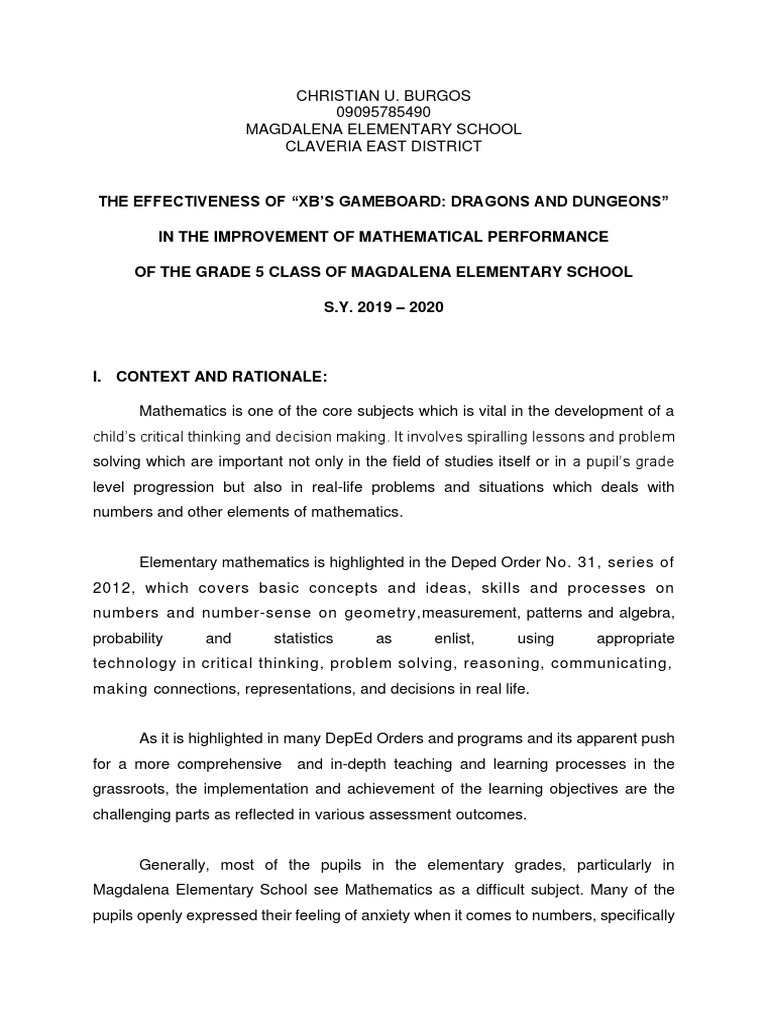 ACTION RESEARCH Proposal MATHEMATICS USING GAMEBOARD | PDF | Critical ...