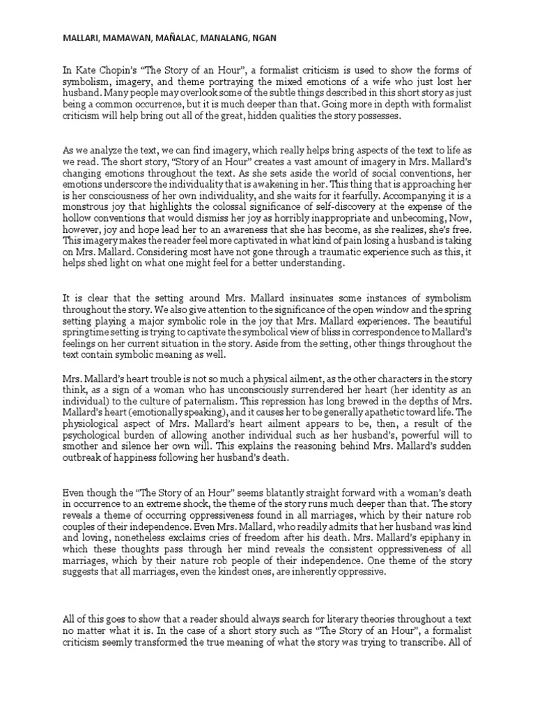 THE STORY OF AN HOUR (Literary Analysis) | PDF | Psychology ...