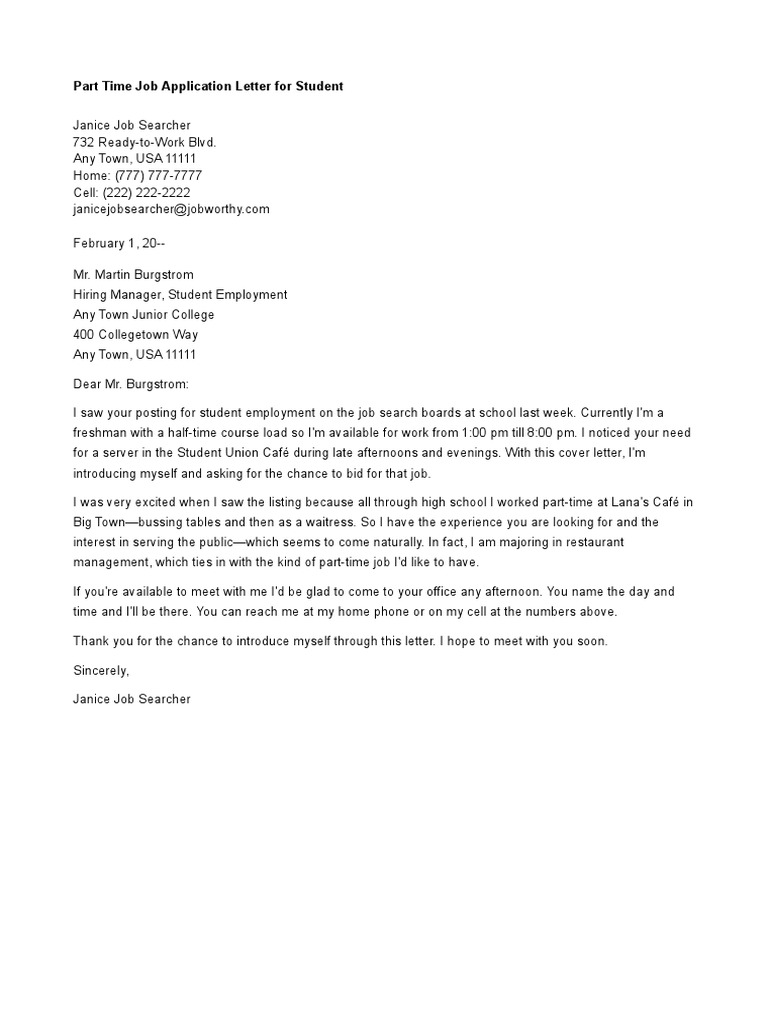 Part Time Job Application Letter For Student | PDF